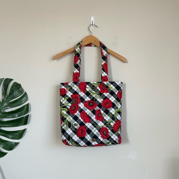 Bags | Vintage Handmade Quilted Tote Bag In Gingham Poppy Print | Poshmark